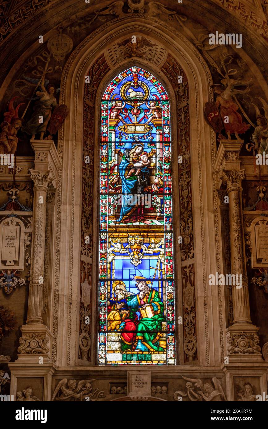 Colorful stained glass window in the Filippo Strozzi chapel of basilica ...