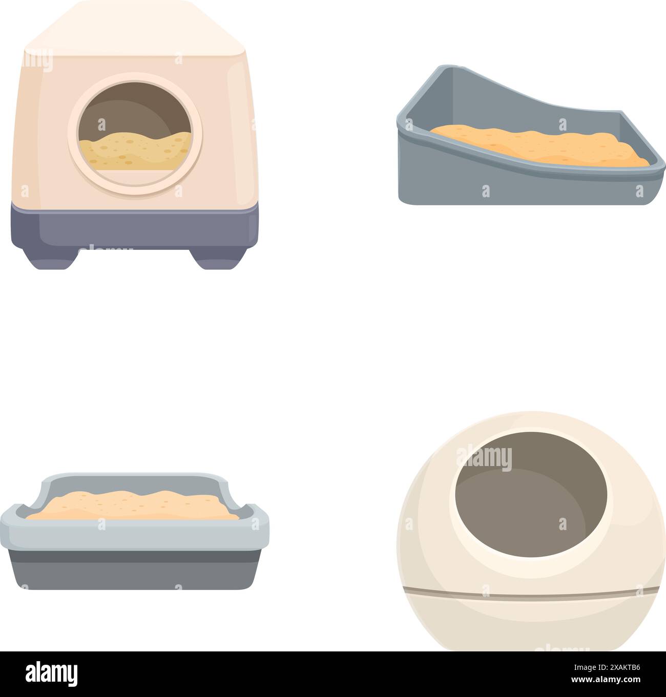 Vector illustration set of various cat litter boxes with sand, isolated ...