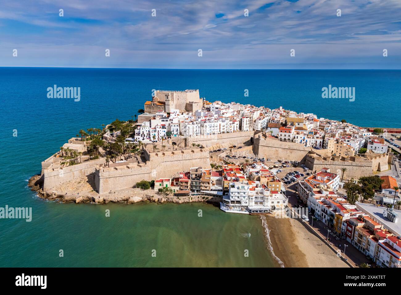 Aerial view of the old town, Peniscola, Valencian Community, Spain ...