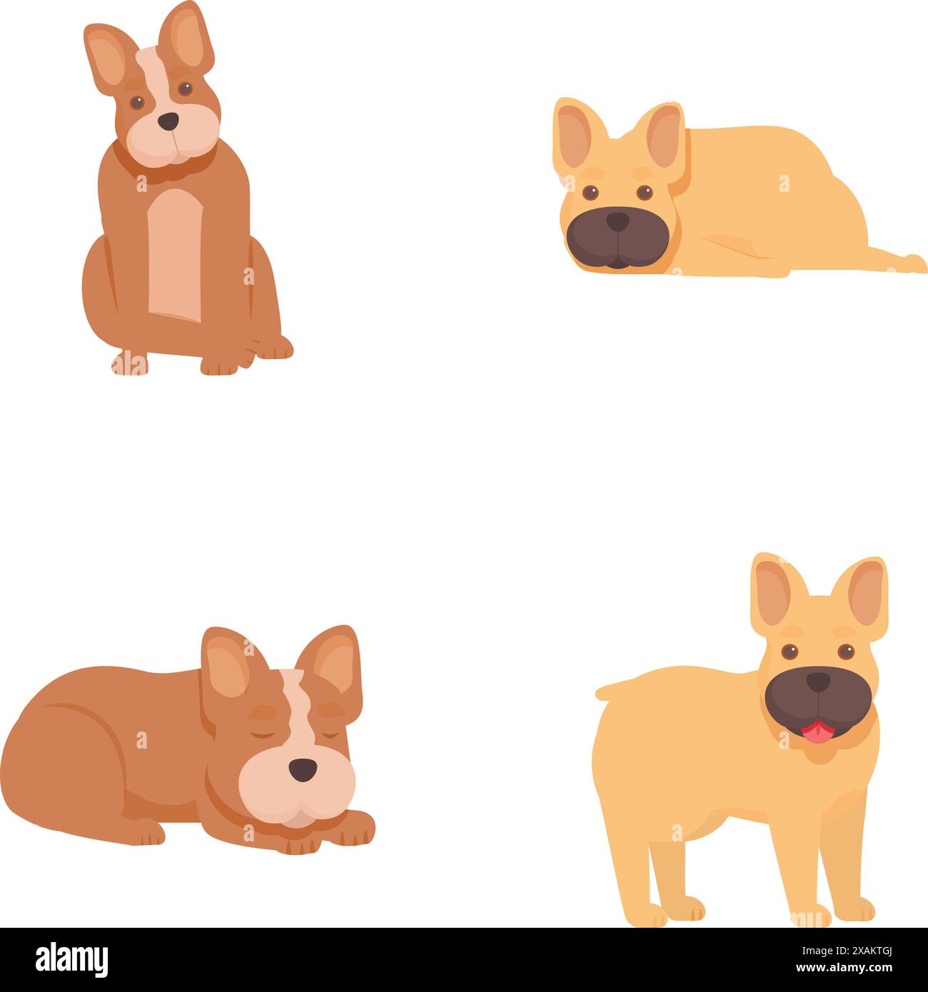 Set of four cute cartoon dogs in sitting, lying, and standing poses ...