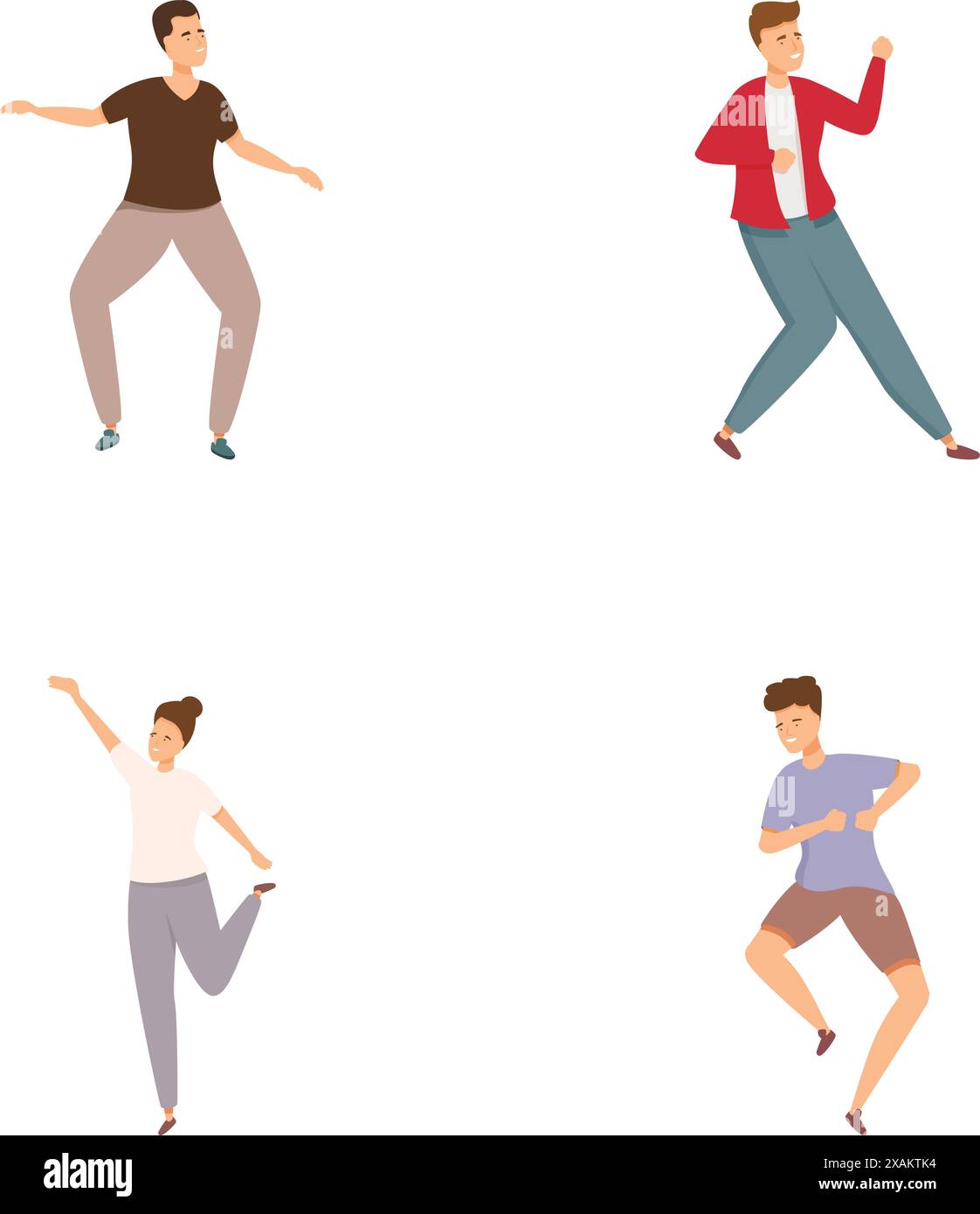 Four cartoon characters joyfully dancing isolated on a white background ...