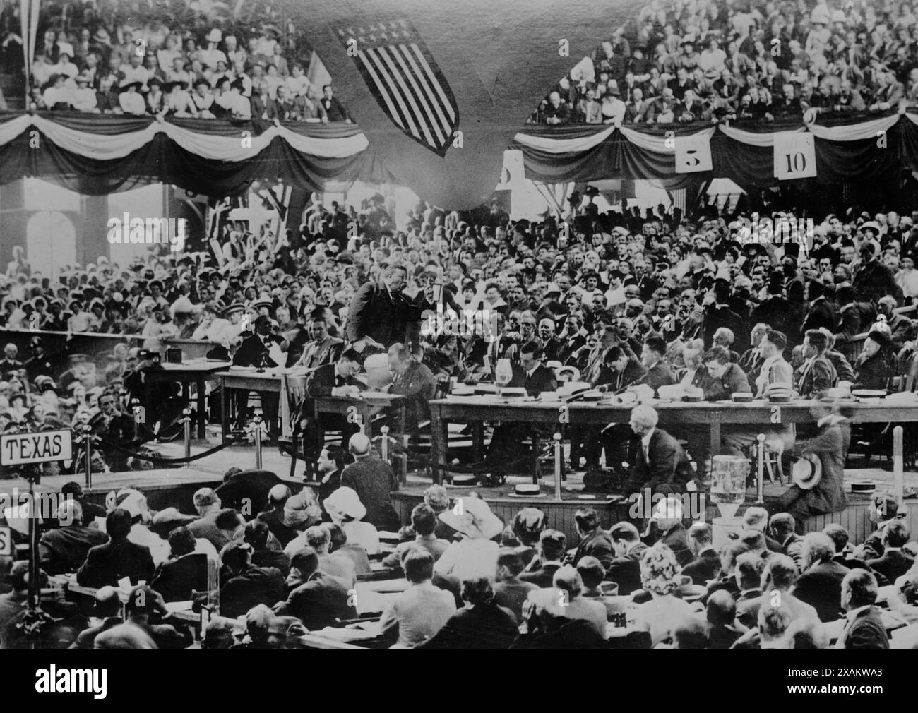 Roosevelt speaking in convention hall, Chicago, 1912. Shows Theodore ...