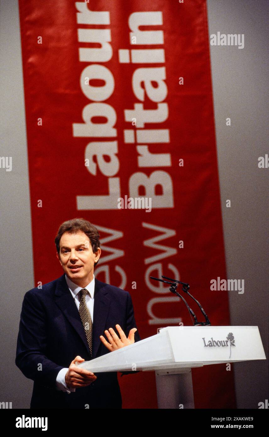Tony Blair speaking at a Labour Party General Election press conference ...