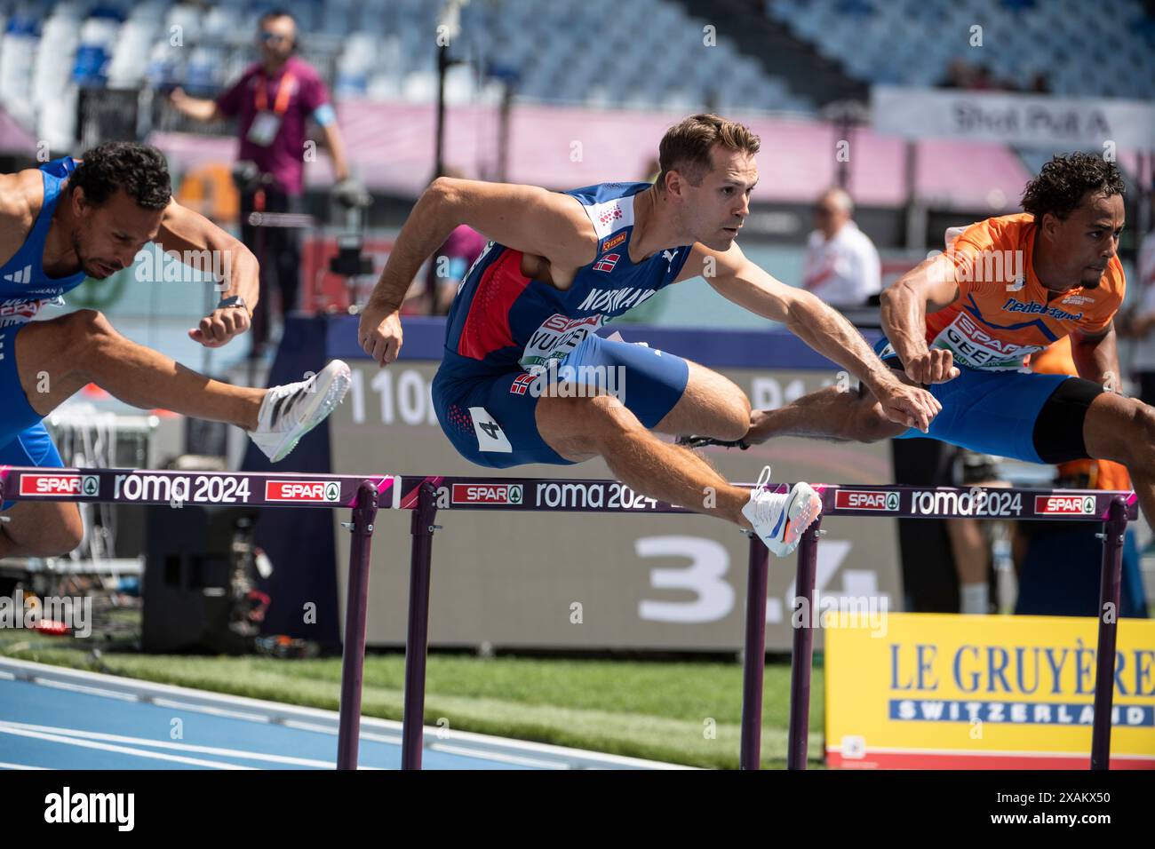 Vladimir Vukicevic of Norway competing in the men’s 110m hurdles at the ...