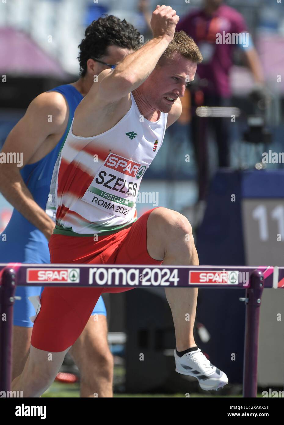 Bálint Szeles of Hungary competing in the men’s 110m hurdles at the ...