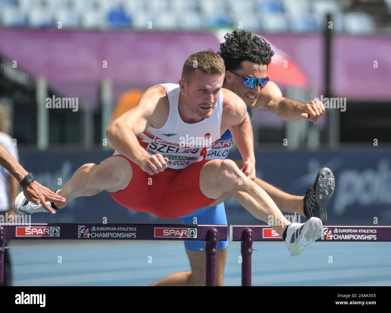 Bálint Szeles of Hungary competing in the men’s 110m hurdles at the ...