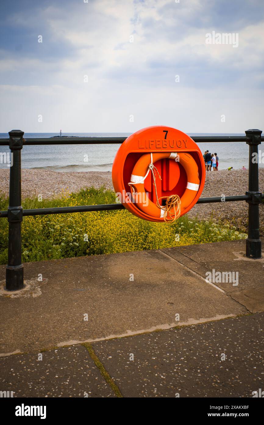 Lifeguard buoy on the railings of the beach at Sidmouth, UK. Safety ...
