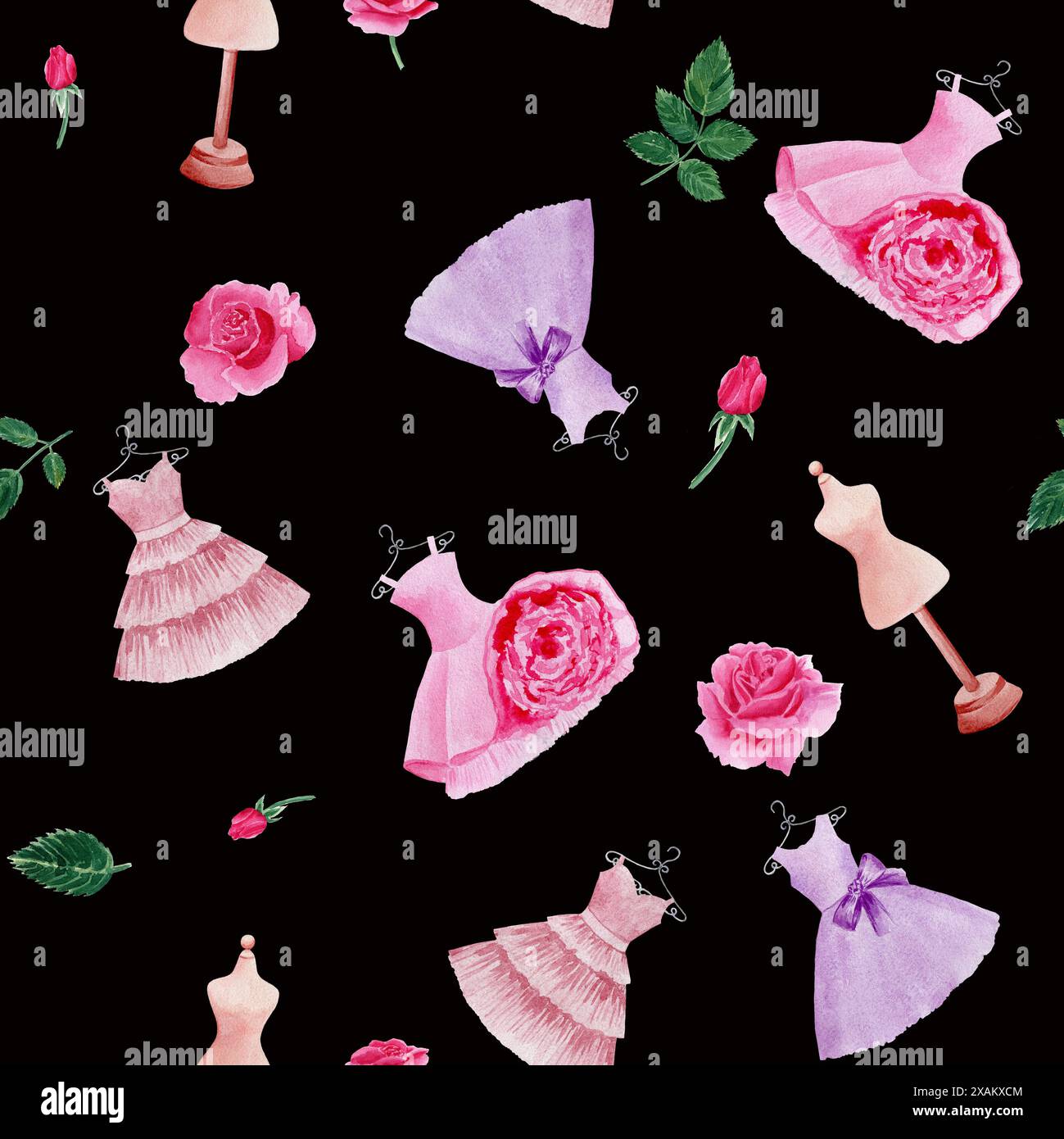 Seamless sewing pattern with dummies and pink and lilac vintage dresses ...