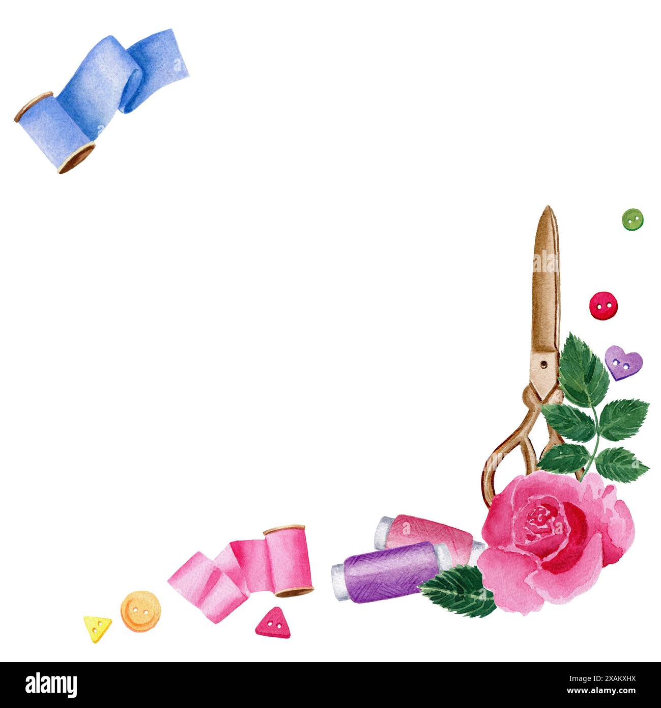 Watercolor sewing elements corner border frame clipart with rose ...