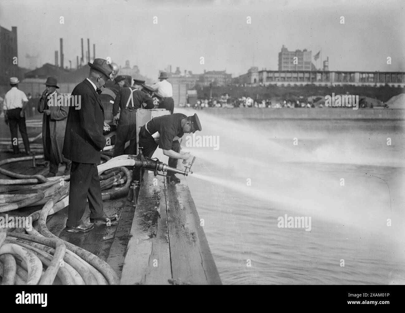 Testing stream from motor fire engines, 1913. Shows competition of ...