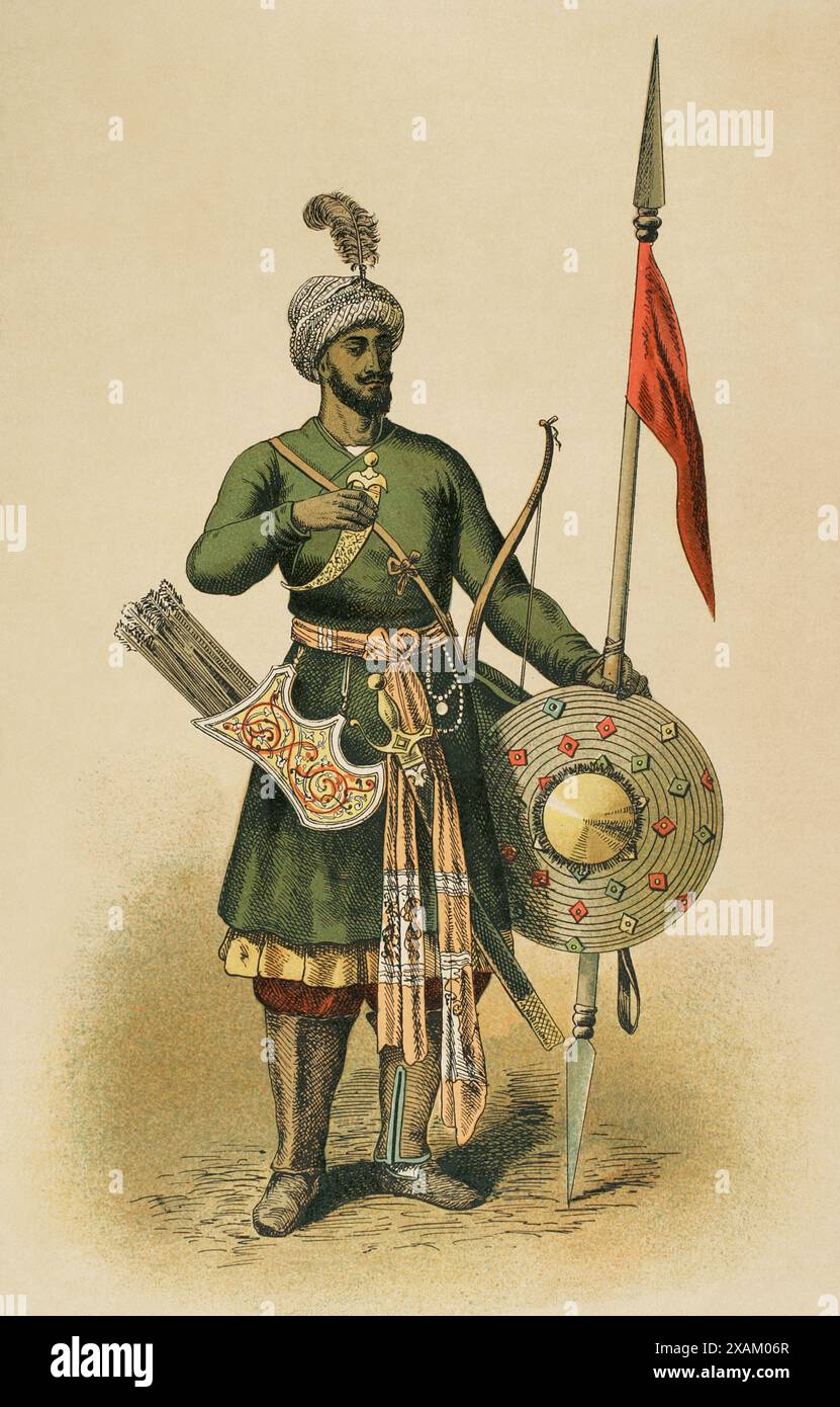 15th-century Hindu warrior. Chromolithography. "Historia Universal", by ...