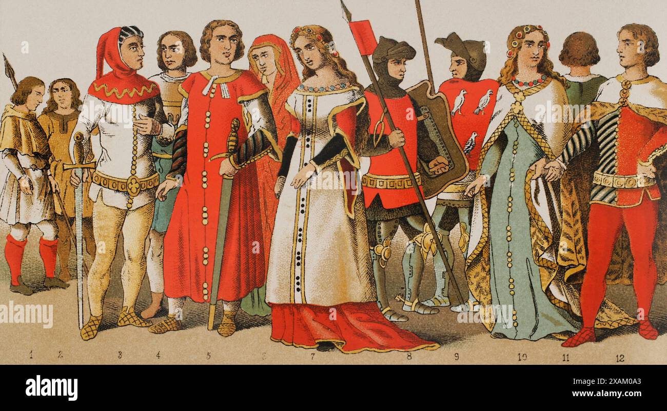 History of Spain. 1300. From left to right, 1-2: hunters, 3-4-5 ...