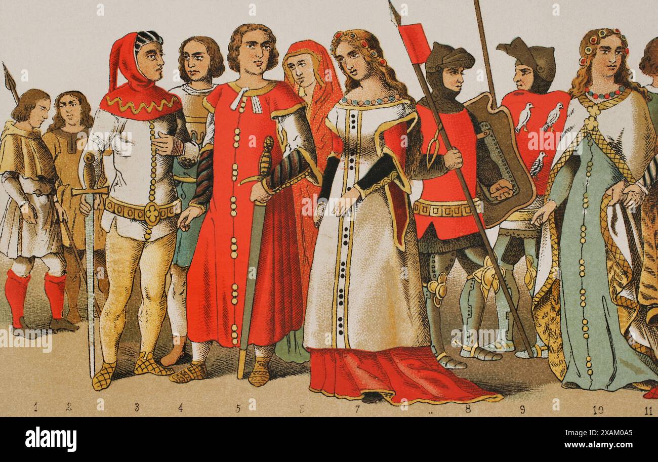 History of Spain. 1300. From left to right, 1-2: hunters, 3-4-5 ...