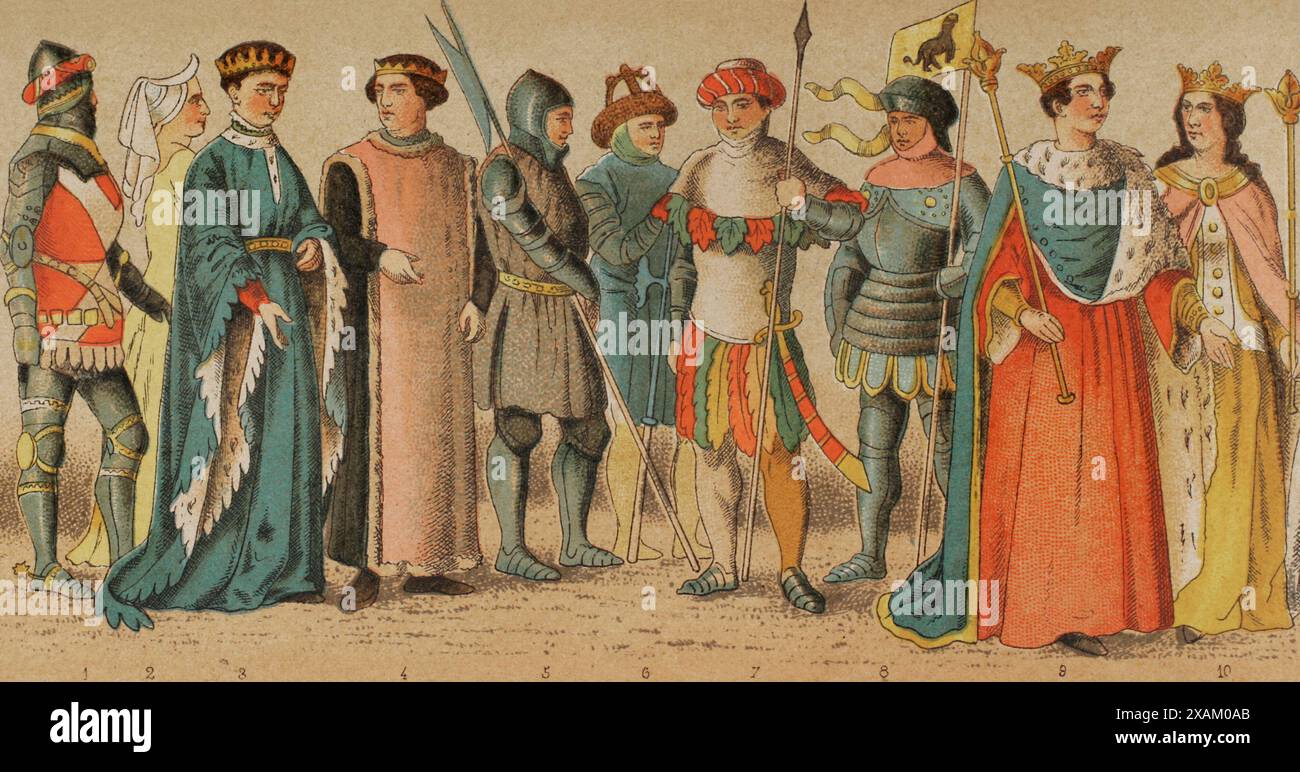History of England. 1400-1450. From left to right, 1: knight (1417), 2 ...