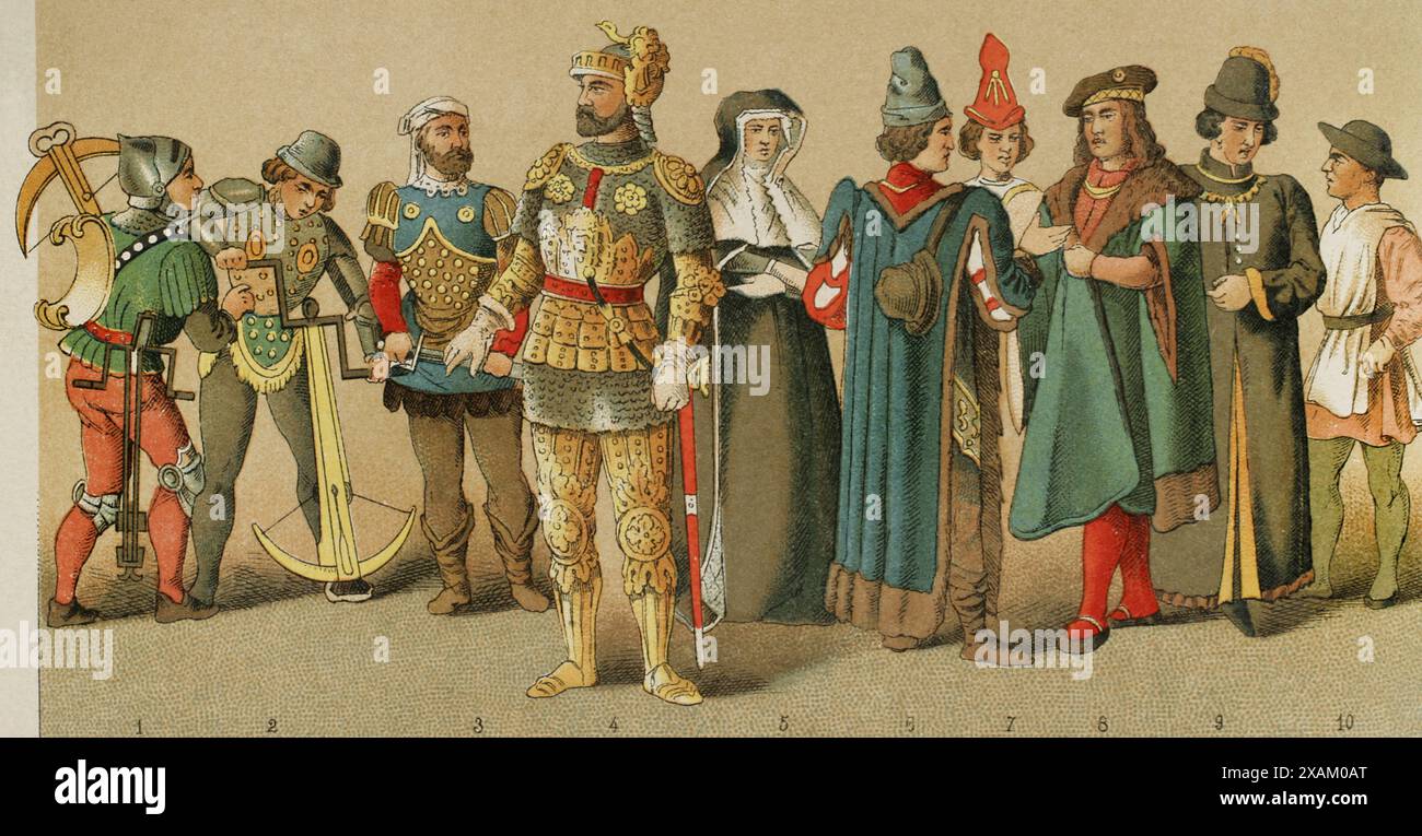 History of France. 1400. From left to right, 1-2: crosbowmen, 3-4 ...