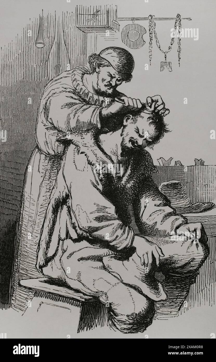 A barber-surgeon performing an operation. Facsimile of a 17th-century ...