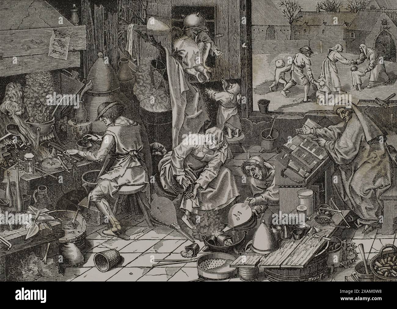 Laboratory of an alchemist. Engraving by Huyot after a panel by Pieter ...