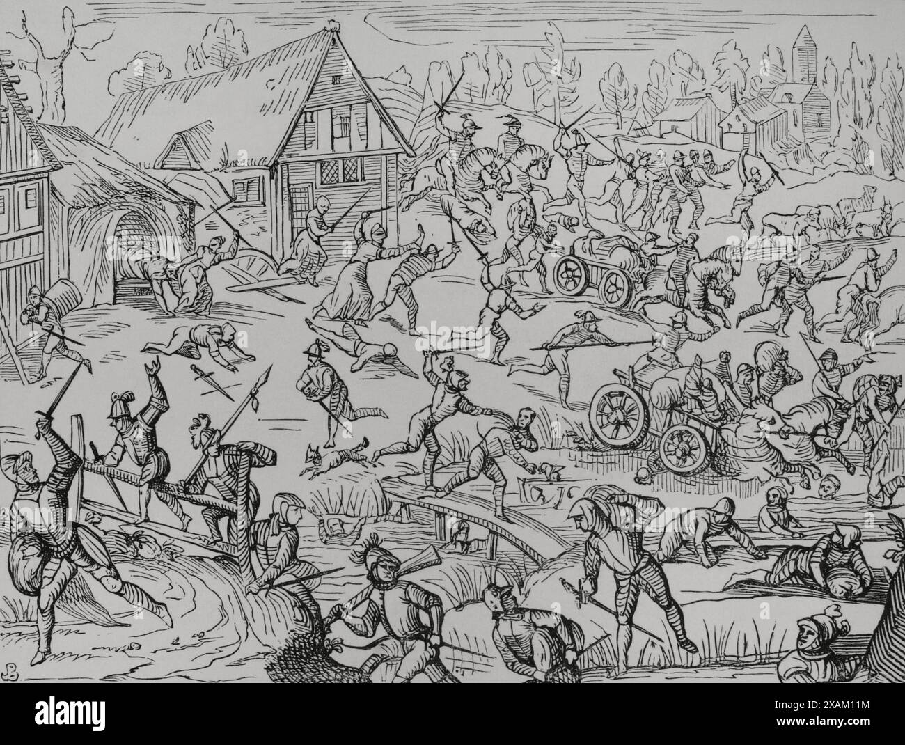 A village pillaged by soldiers. Facsimile of a woodcut in ...