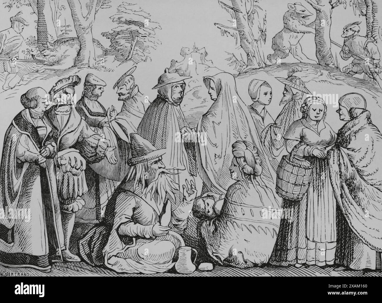 Gipsies fortune telling. Engraving after a woodcut in Sebastian Munster ...