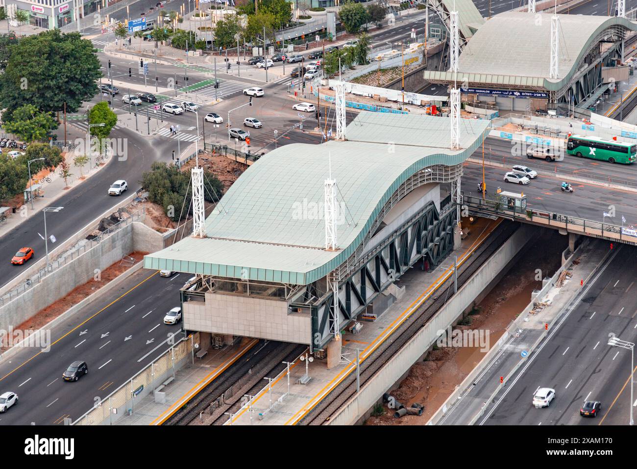 Tel Aviv, Israel - October 14, 2023 - Aerial view of HaShalom train ...