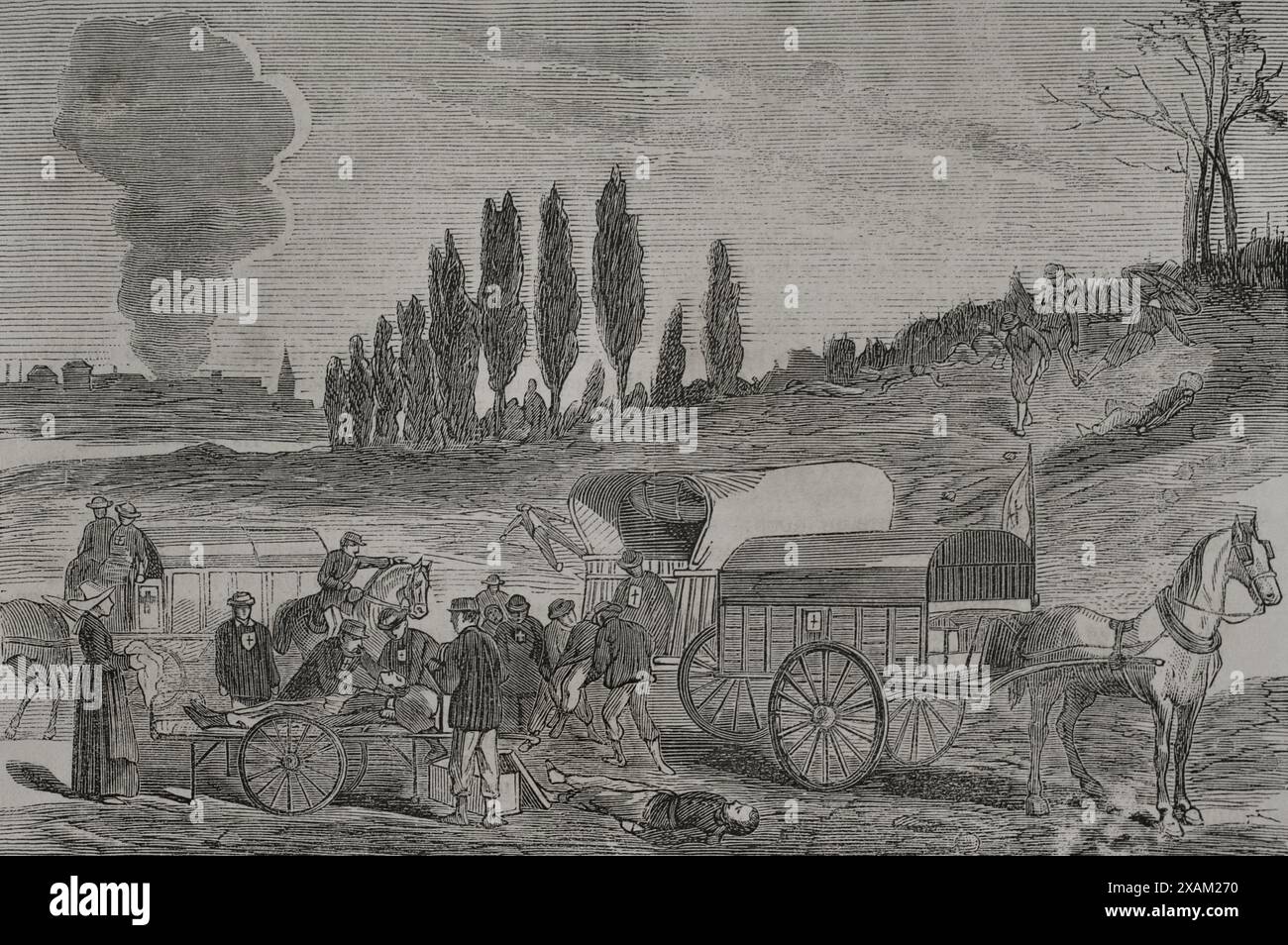 Franco-Prussian War (1870-1871). Burial of the dead by ambulances ...