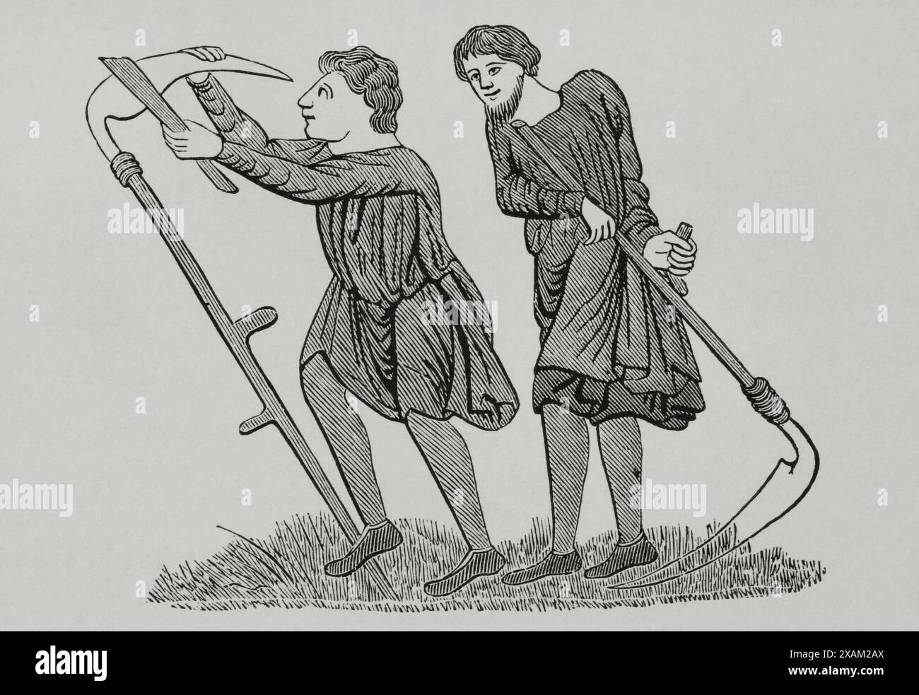Settlers working the land, 12th century. Engraving after a miniature in ...