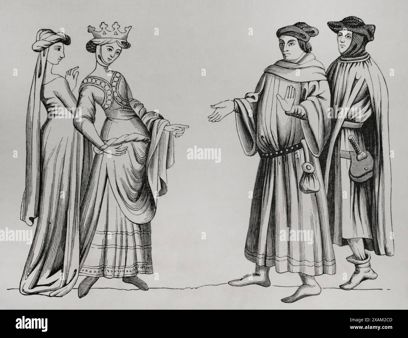 Noble lady and maid of honour accompanied by two bourgeois men wearing ...