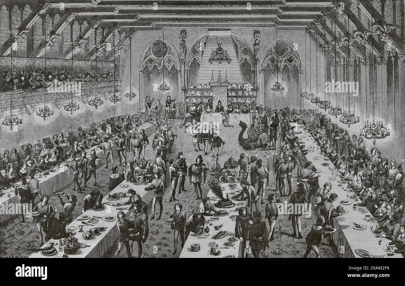 Grand ceremonial banquet at the French Court in the 14th century, with ...
