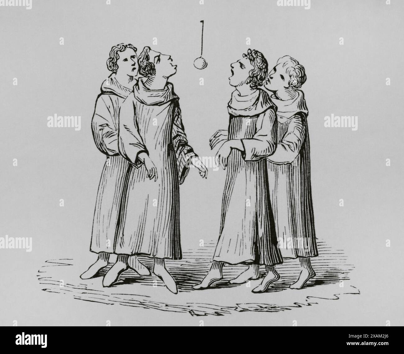 Medieval monks playing the game of bob apple or swinging apple. The ...