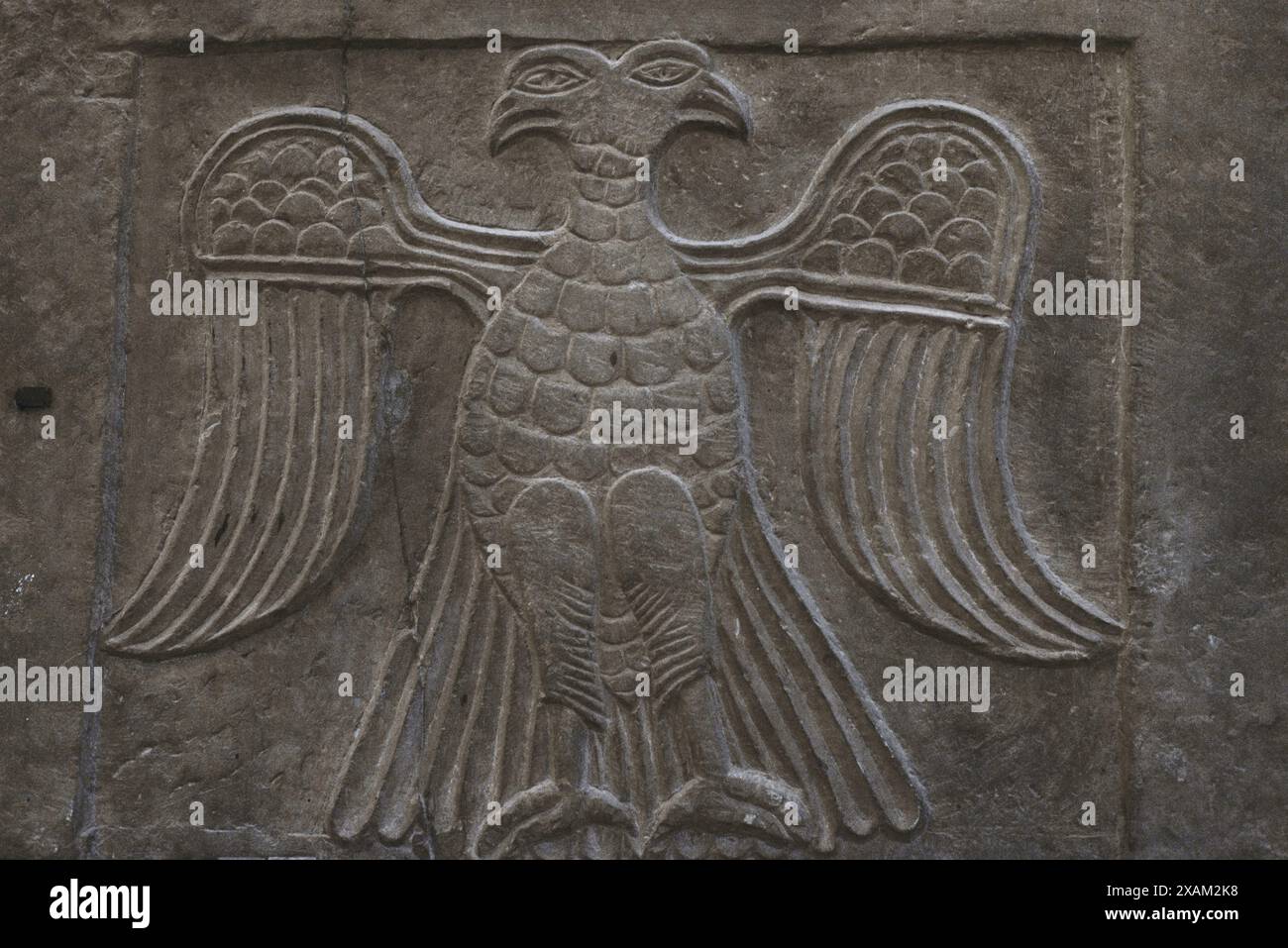 Double-headed eagle in heraldic attitude. Relief on a facing slab. Red ...