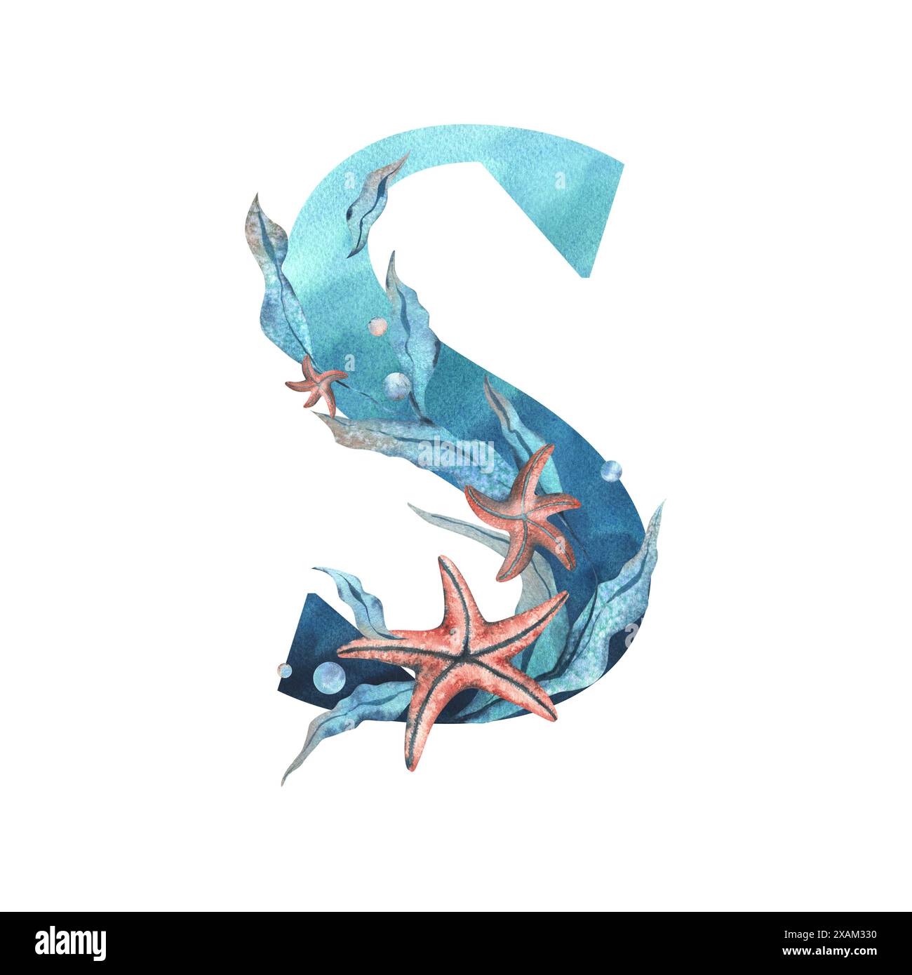 Capital letter S, part of the Latin alphabet decorated in a wet theme ...