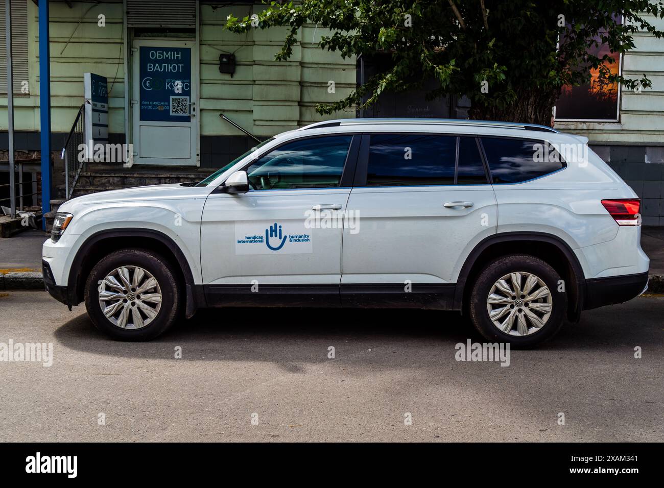 Kharkiv, Ukraine, June 6, 2024 A Handicap International NGO car parked ...