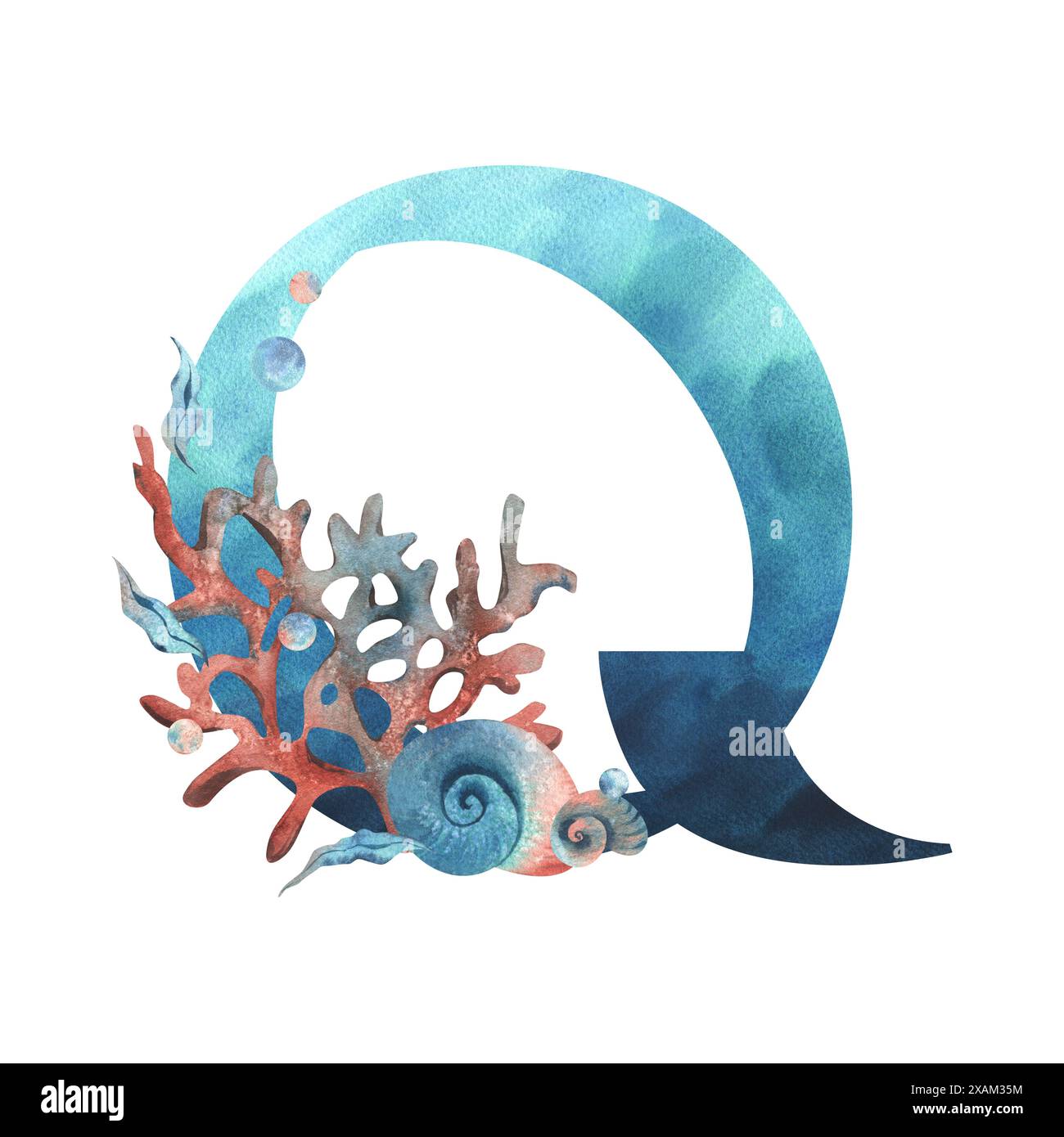 Capital letter Q, part of the Latin alphabet decorated in a wet theme ...