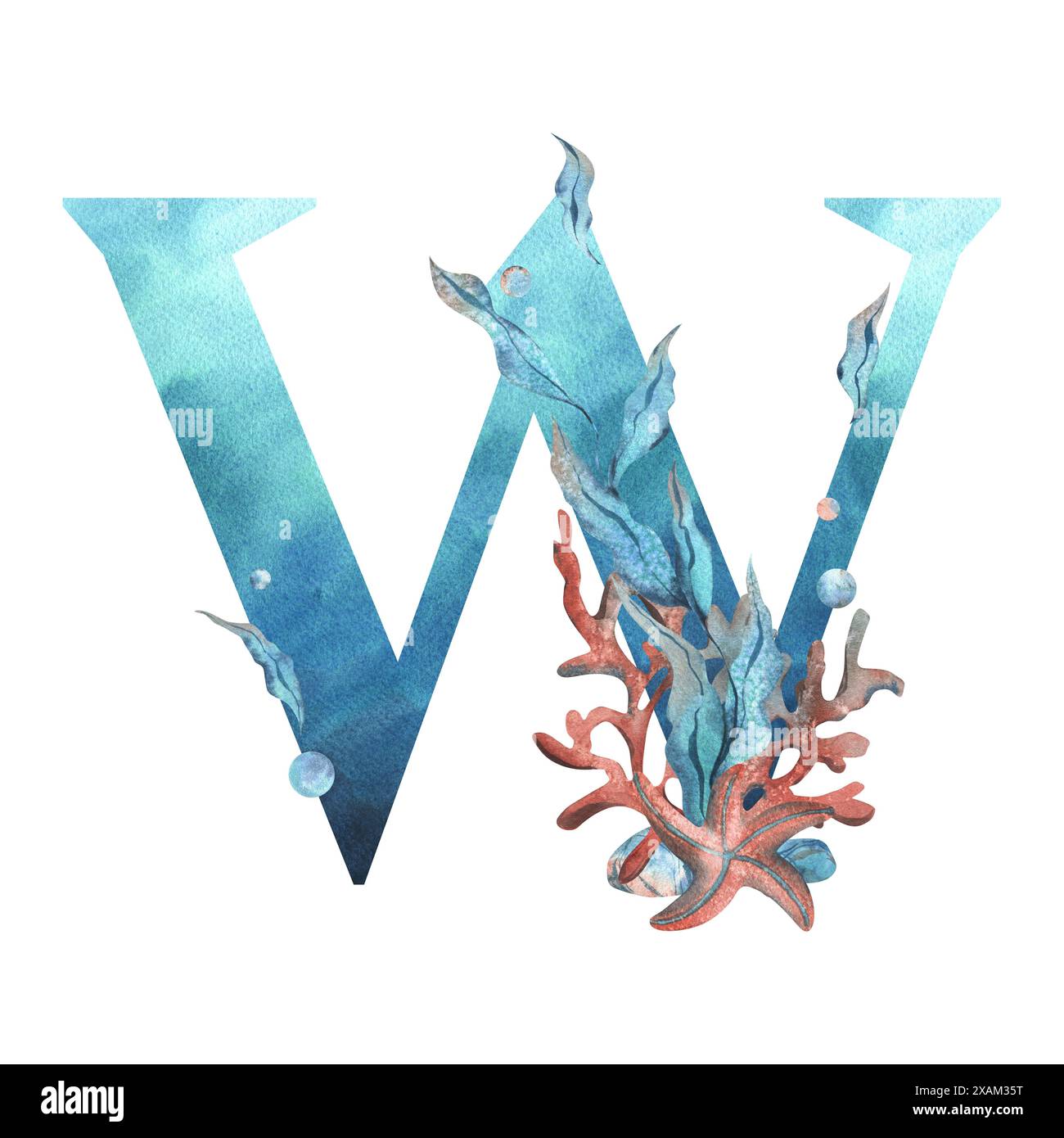 Capital letter W, part of the Latin alphabet decorated in a wet theme ...