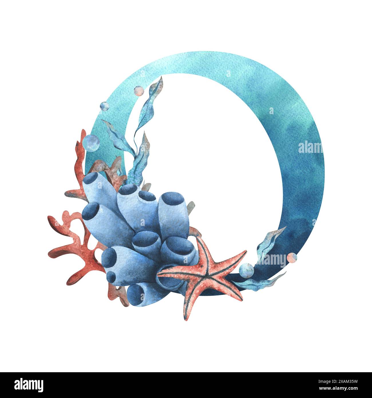 Capital letter O, part of the Latin alphabet decorated in a wet theme ...