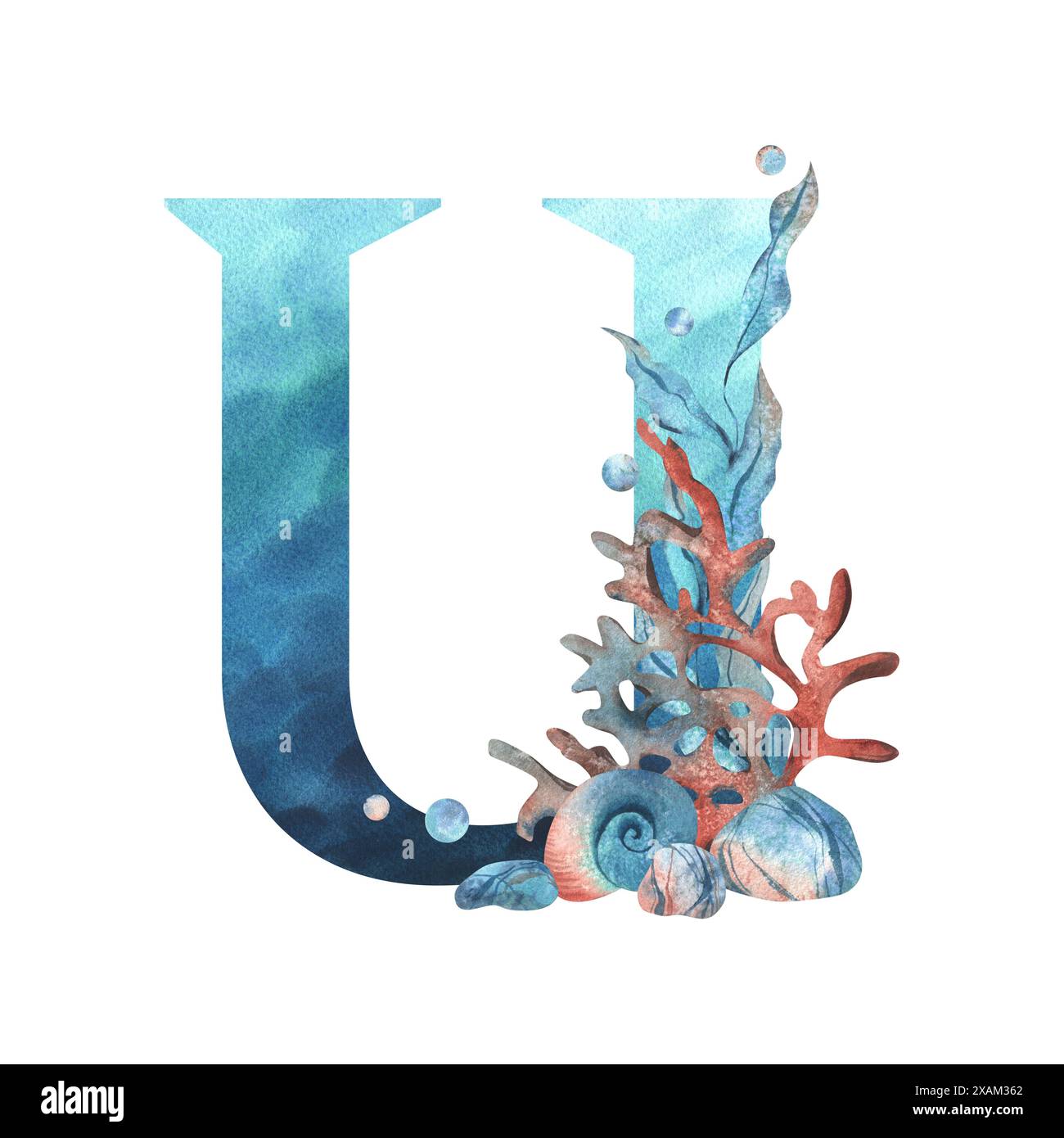 Capital letter U, part of the Latin alphabet decorated in a wet theme ...