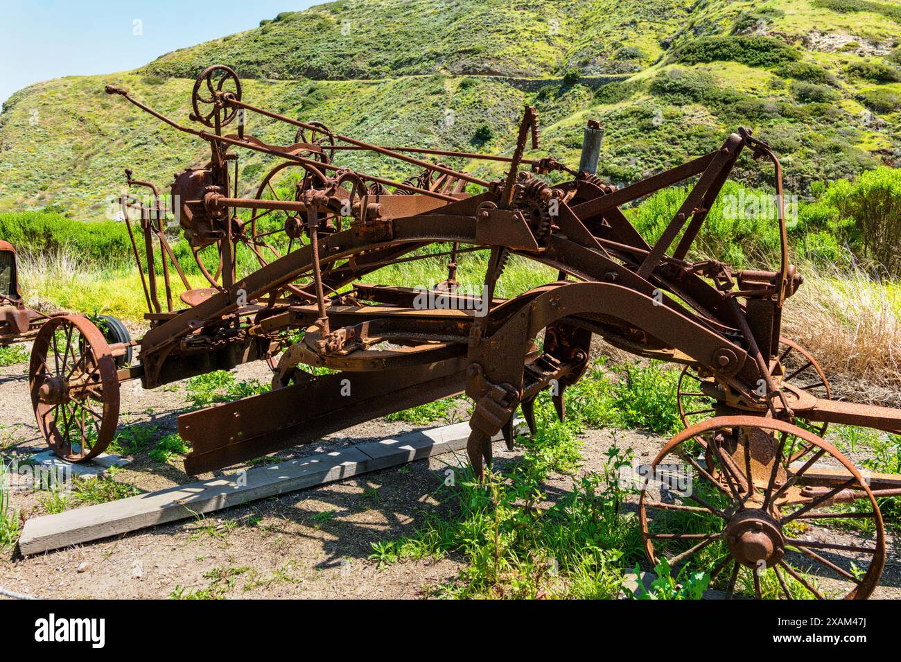 Rusted, old antique farm plow; Scorpion Ranch c 1800; Santa Cruz Island ...