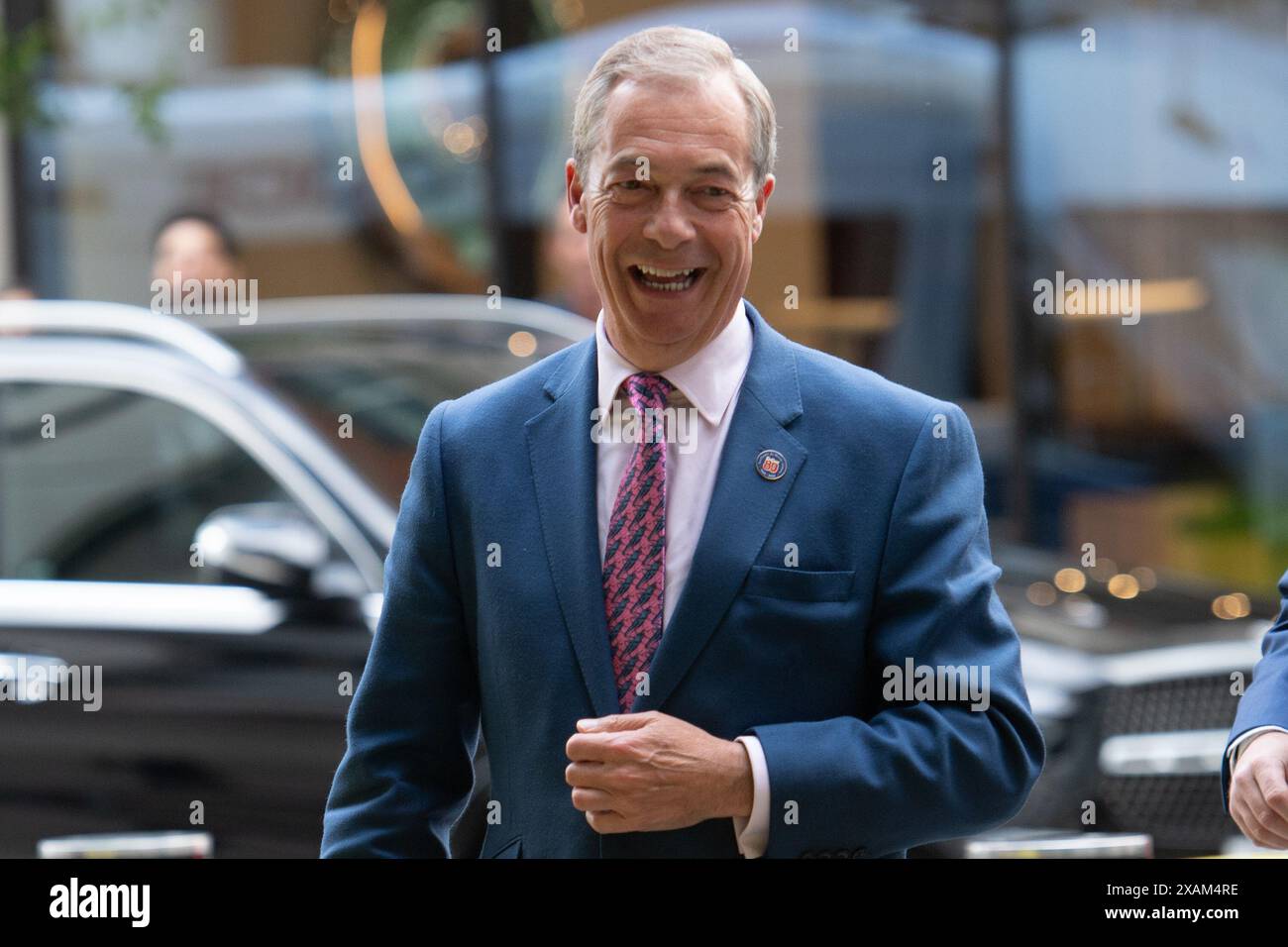 London, UK. 07 Jun 2024. Nigel Farage - Leader of Reform UK arrives at ...