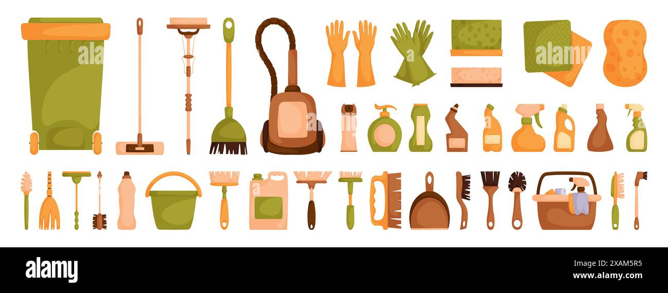 Illustration of various cartoon cleaning tools and supplies, including ...