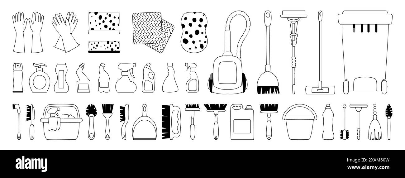 Vector illustrations of various cleaning supplies and tools, ideal for ...