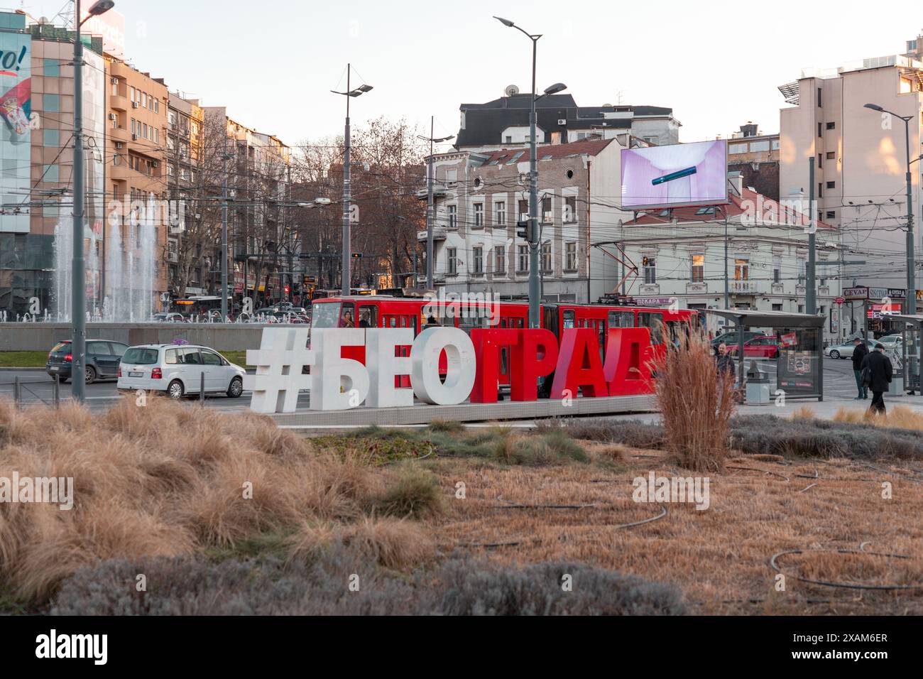 Belgrade, Serbia - 8 FEB 2024: Slavija Square is a major commercial ...