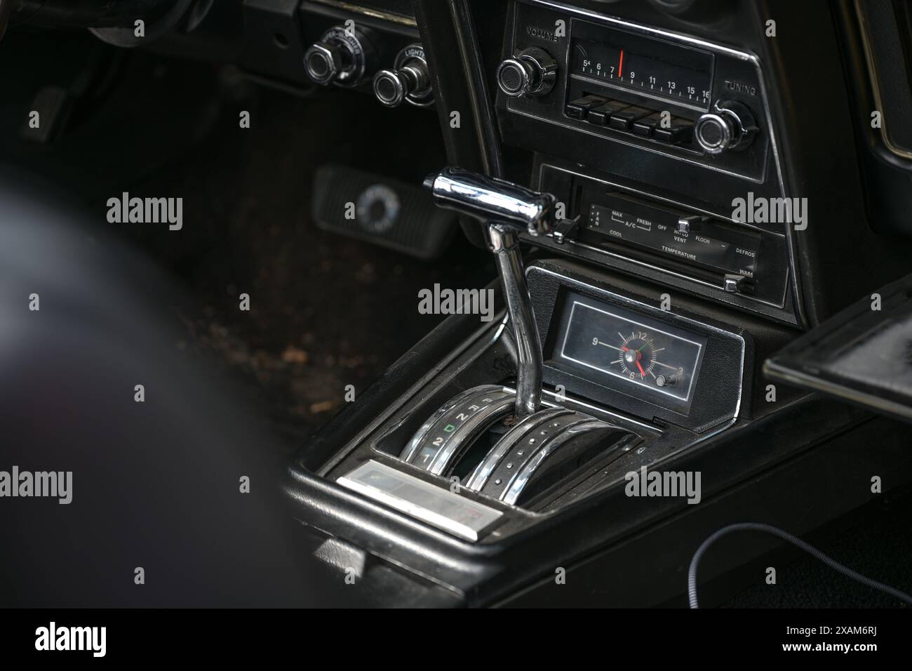 Automatic gearshift in the cockpit of a vintage car, black and silver ...
