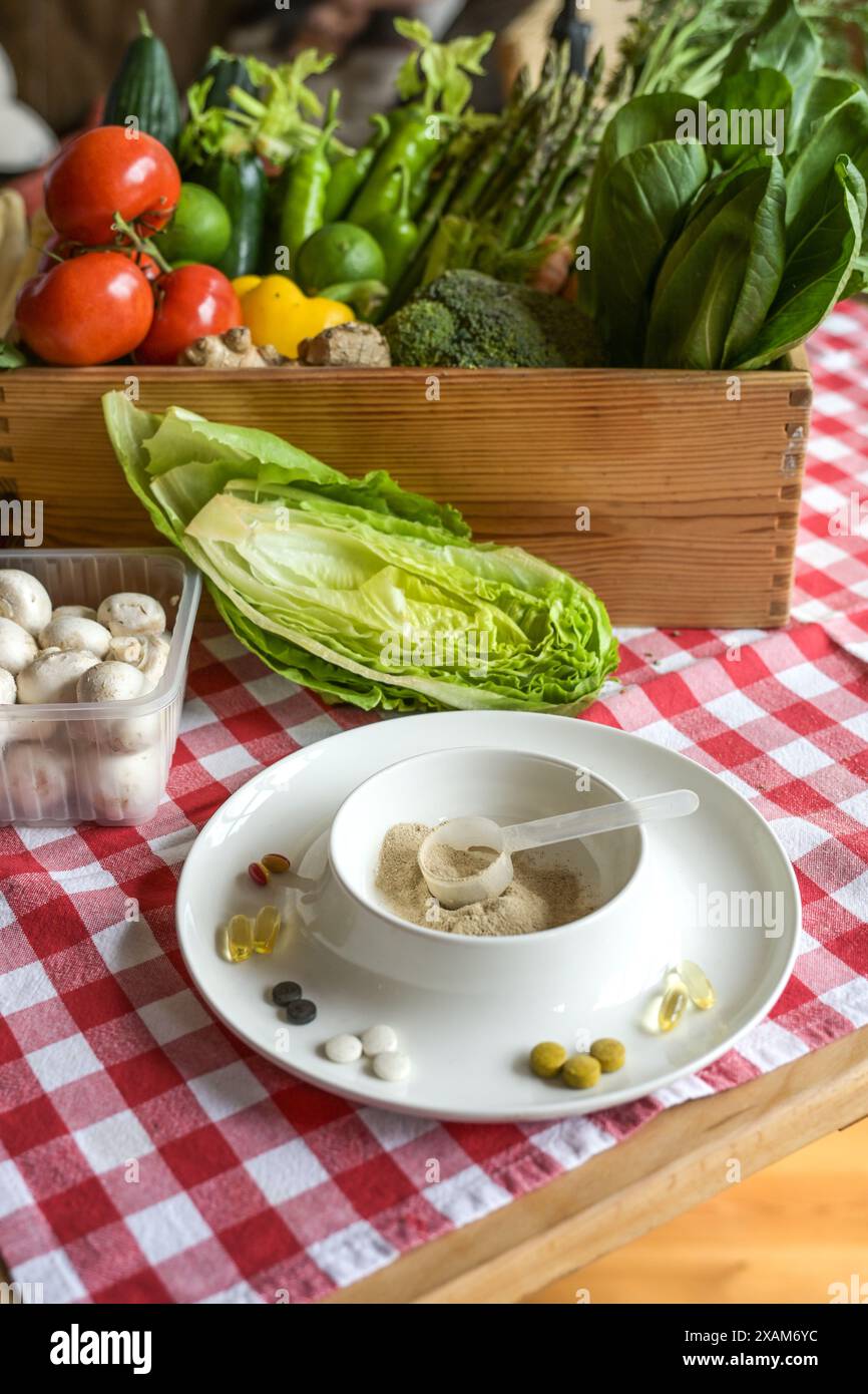 Fresh vegetables full of vitamins, minerals and fiber versus synthetic ...