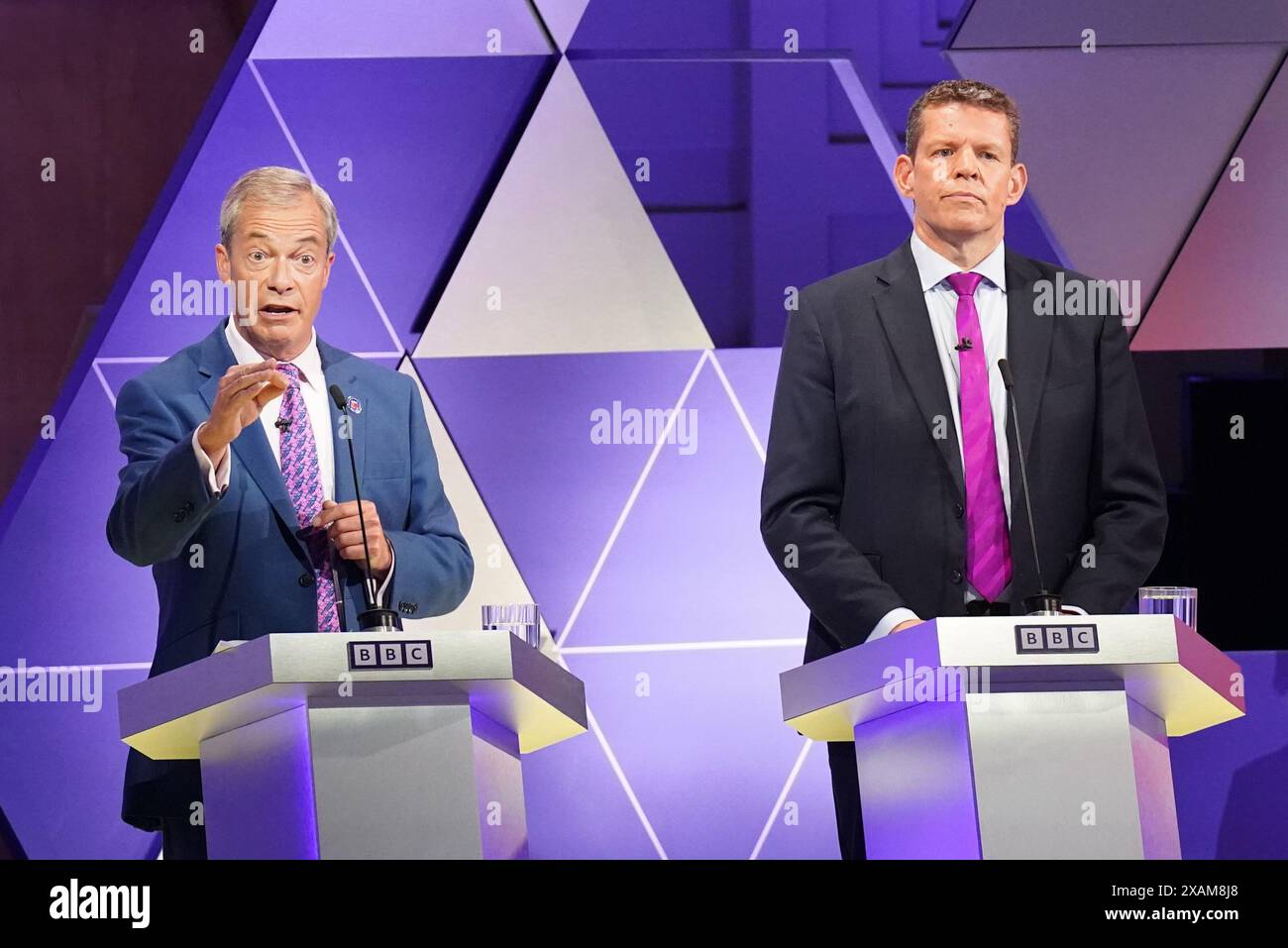 Reform UK leader Nigel Farage (left) and leader of Plaid Cymru Rhun ap Iorwerth take part in the ...
