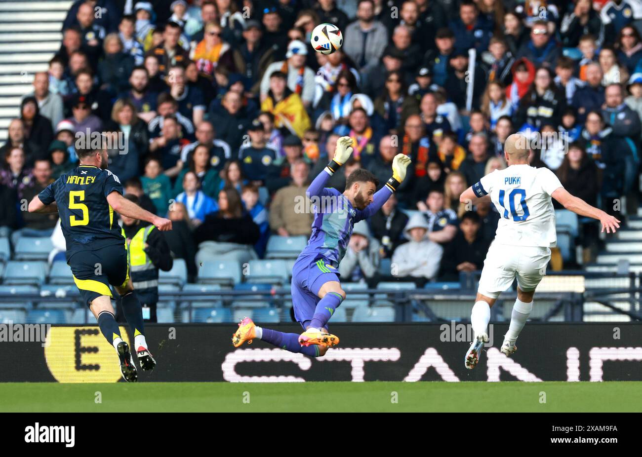 Finland's Teemu Pukki (right) attempts to chip the ball over Scotland ...