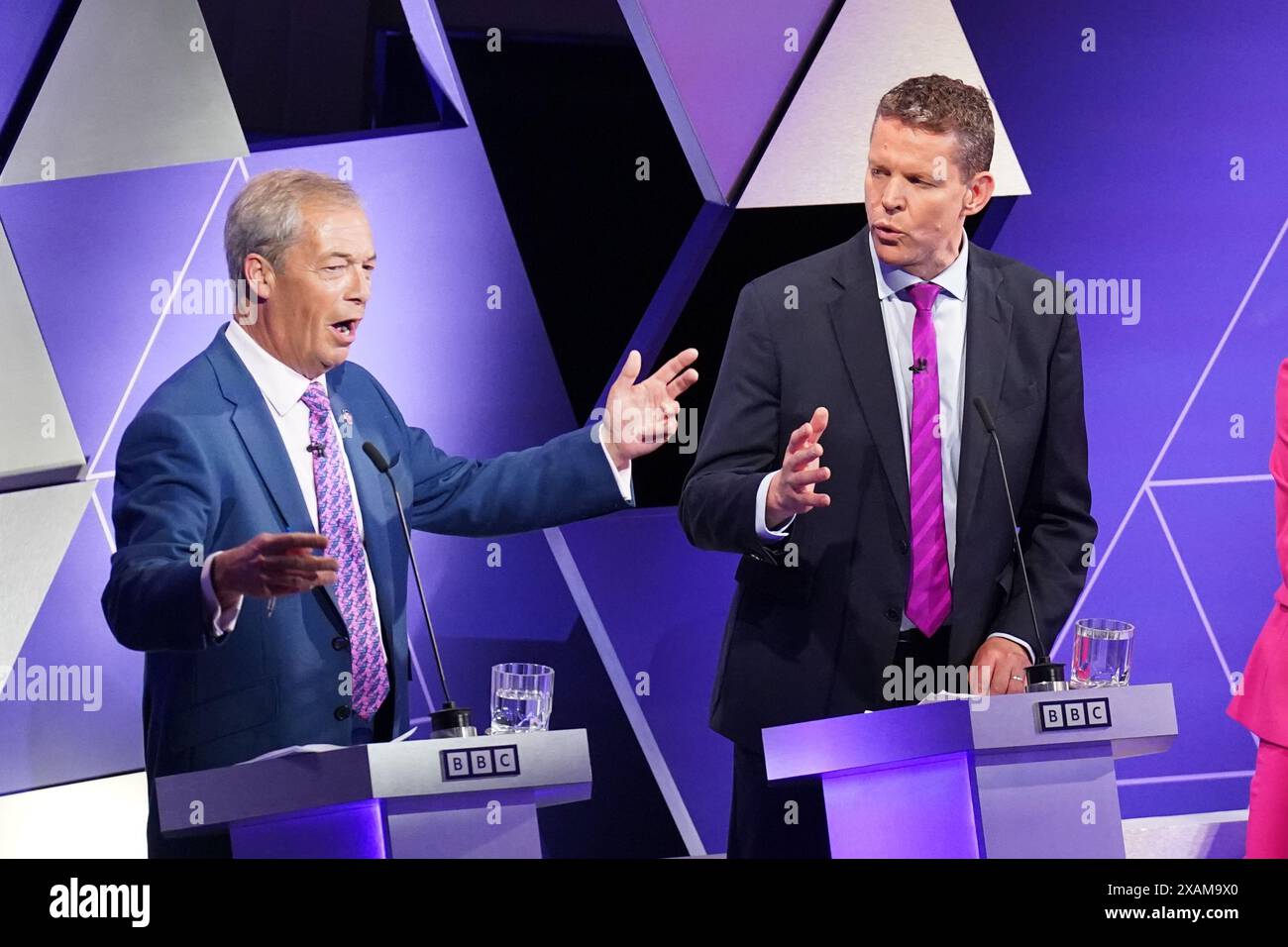 Reform UK leader Nigel Farage (left) and leader of Plaid Cymru Rhun ap Iorwerth take part in the ...