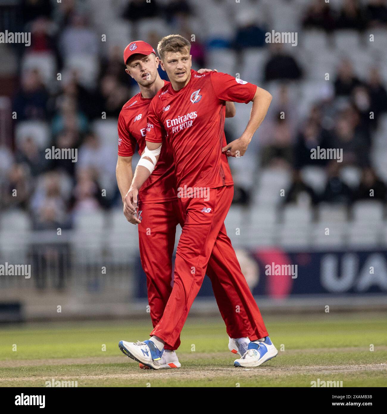 Mitchell Stanley #38 of Lancashire Cricket Club celebrate a wicket ...
