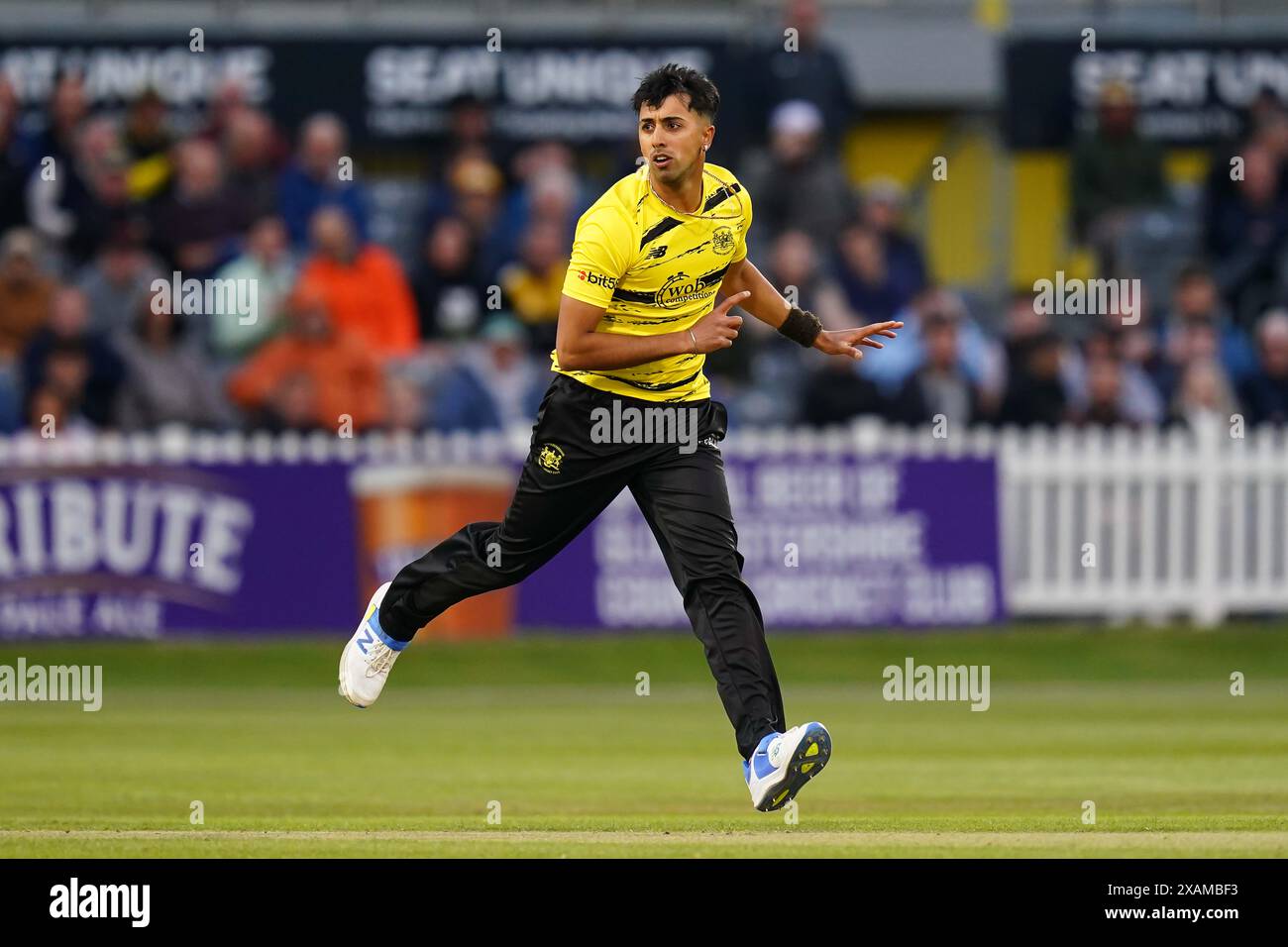 Bristol, UK, 7 June 2024. Gloucestershire's Ajeet Singh Dale bowling ... Bristol, UK, 7 June 2024. Gloucestershire's Ajeet Singh Dale bowling ...