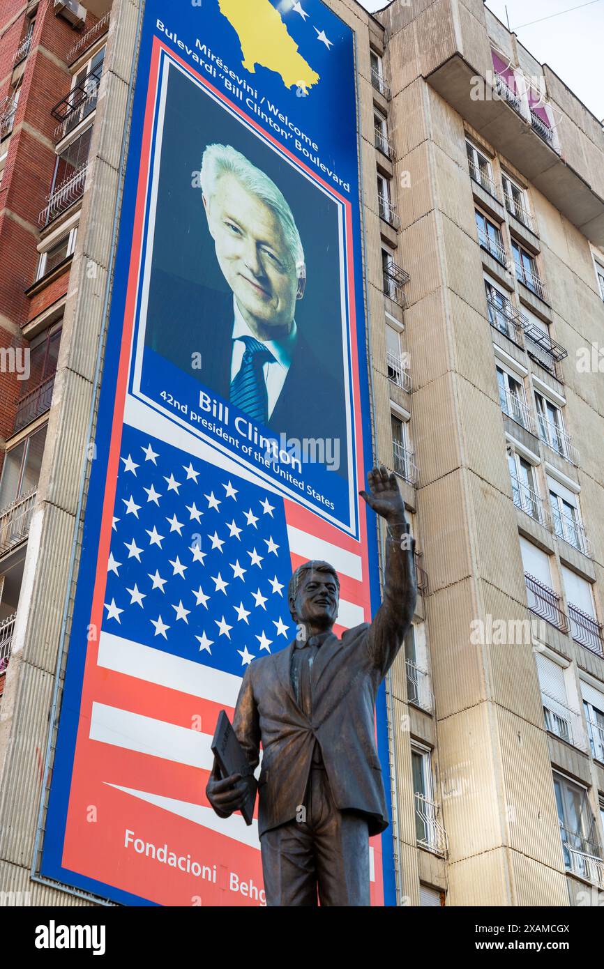 Pristina, Kosovo - February 5, 2024: Statue of Bill Clinton as a sign ...