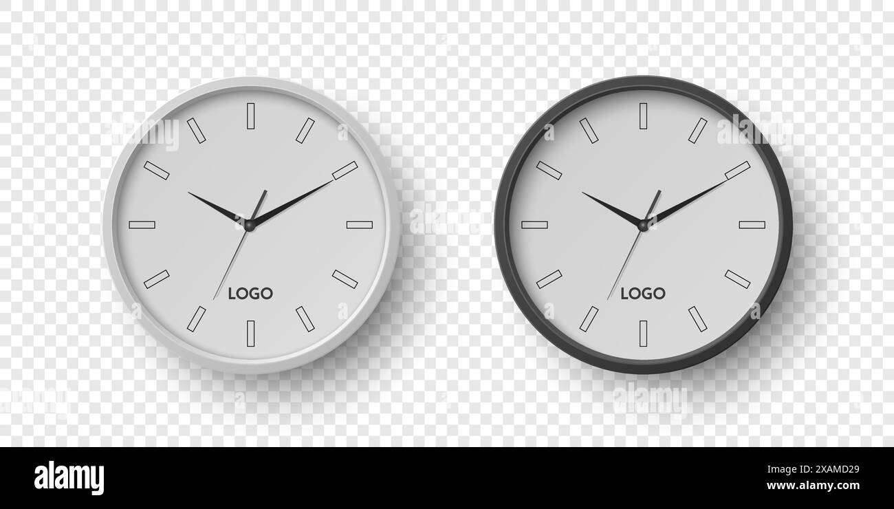 Vector 3d Realistic Round Wall Office Clock Set. White and Black Dial ...